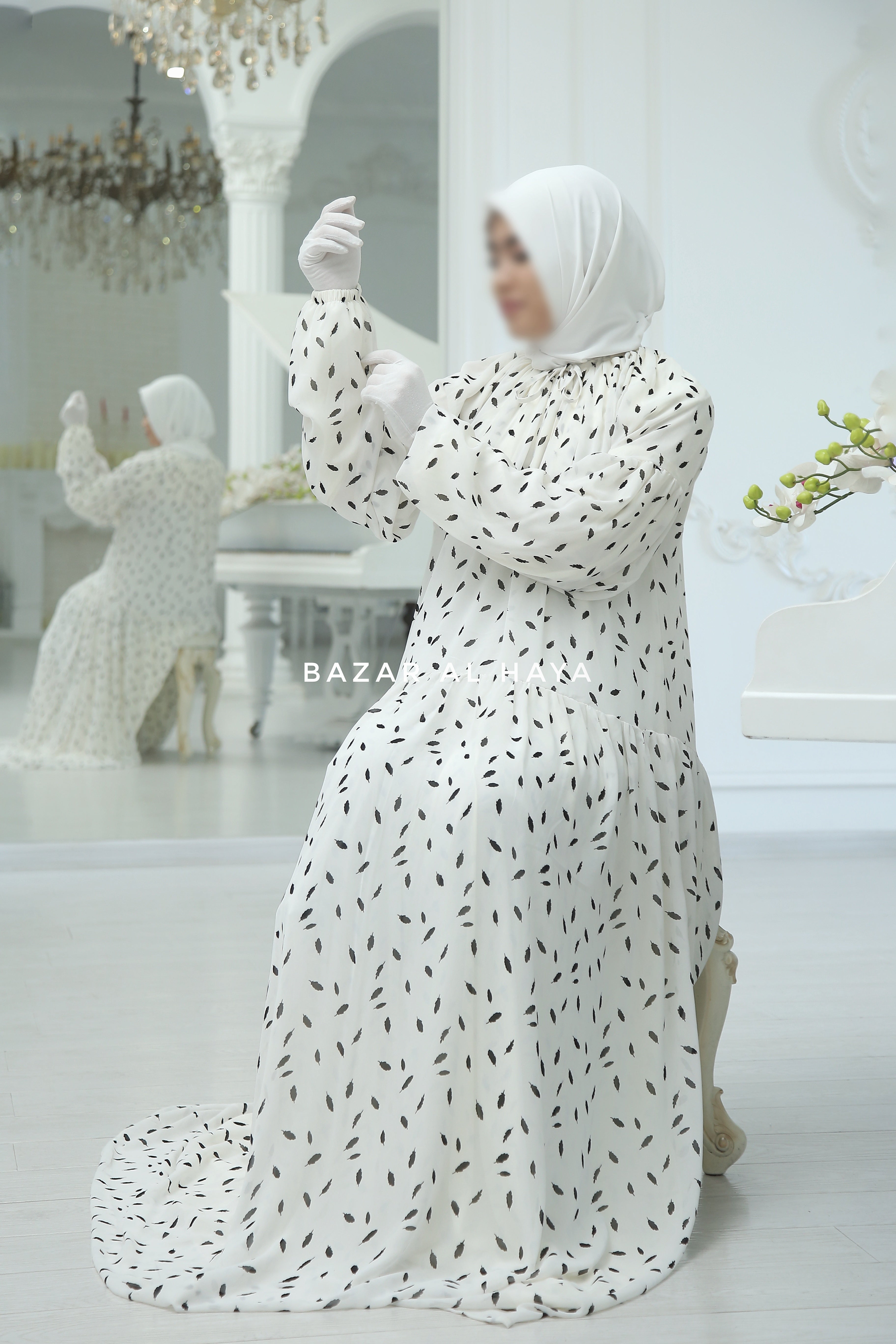 White Amira Chiffon With Tie Neck Strings Abaya Dress - Puff Sleeves ...