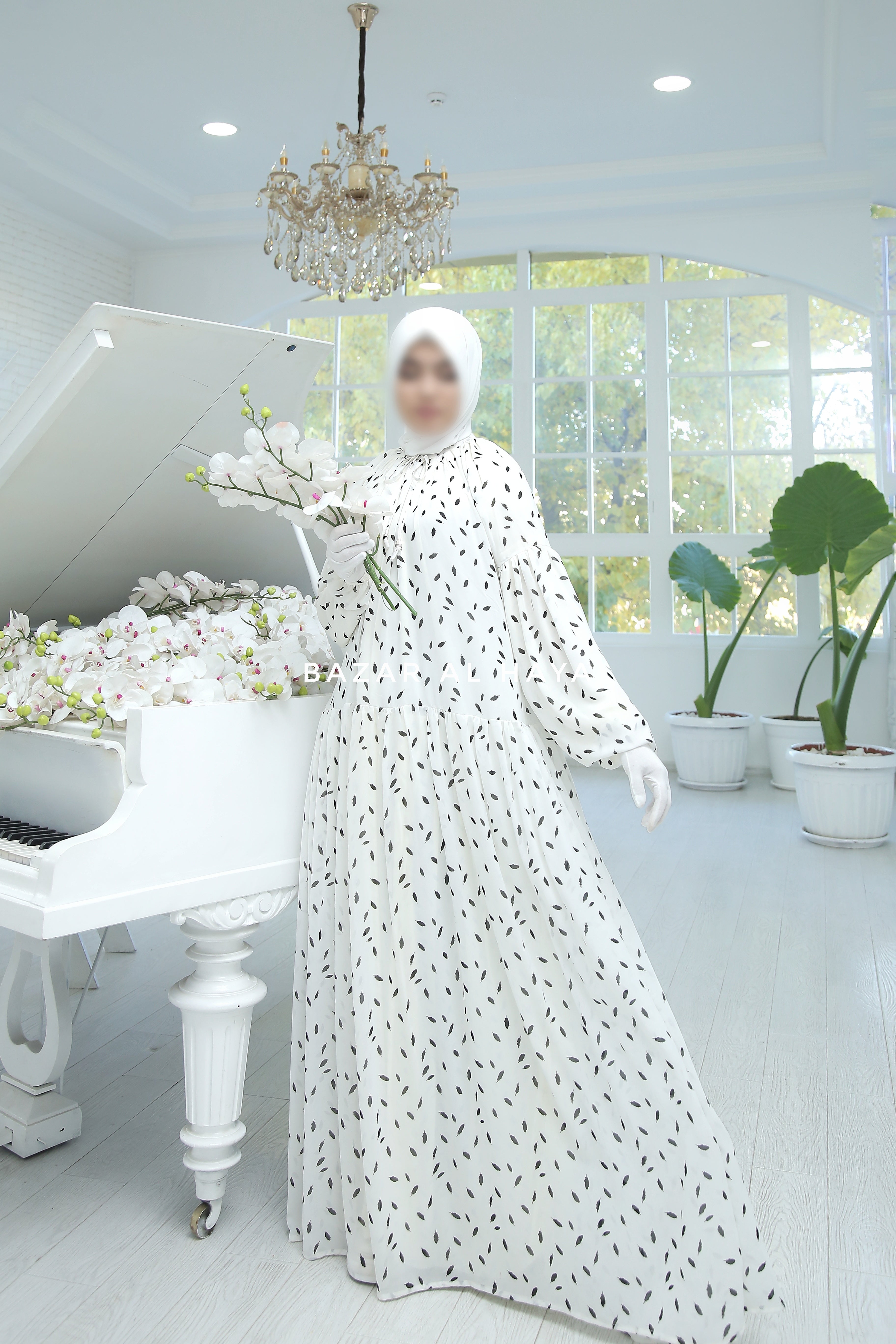 White Amira Chiffon With Tie Neck Strings Abaya Dress - Puff Sleeves ...