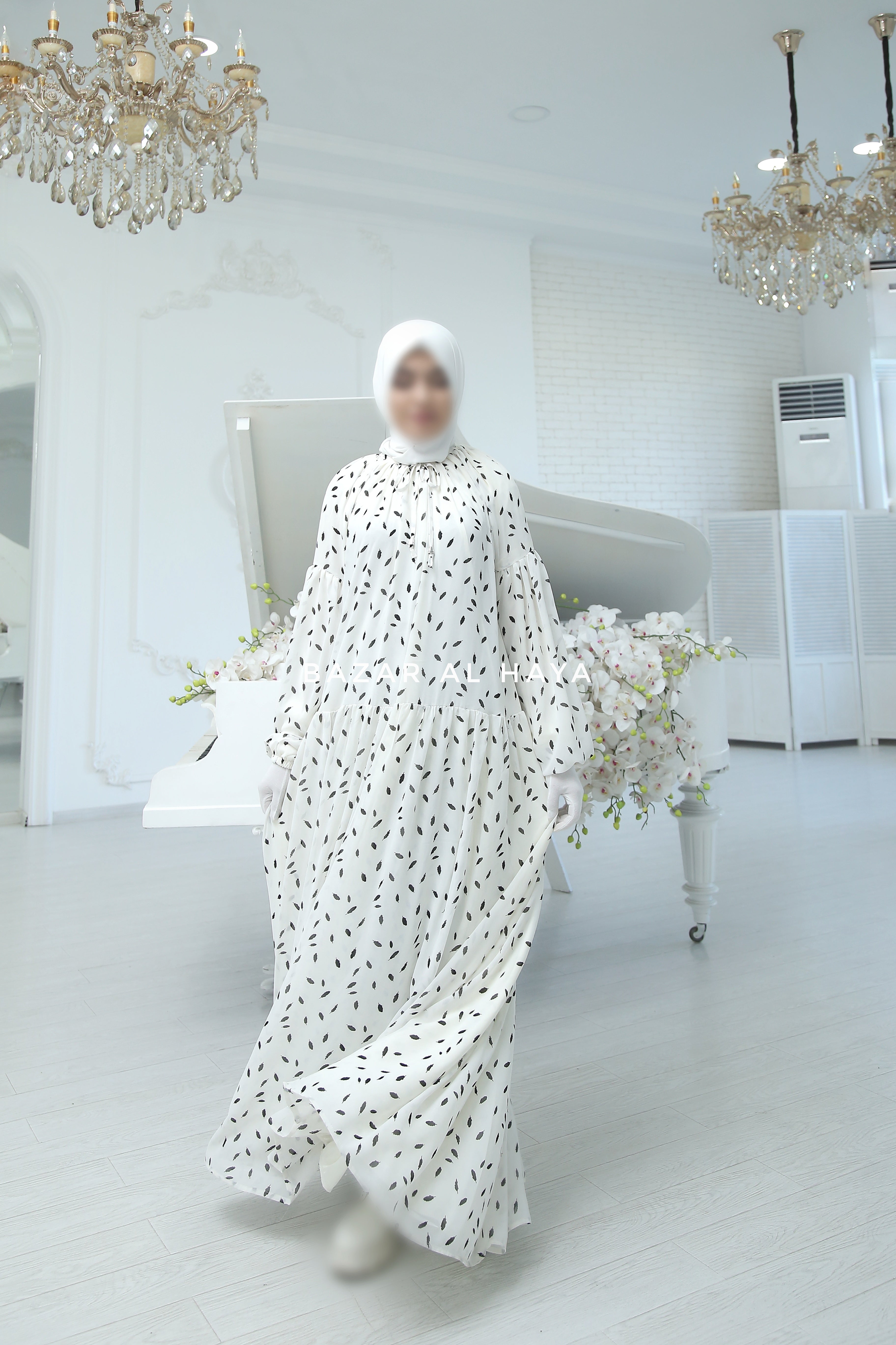 White Amira Chiffon With Tie Neck Strings Abaya Dress - Puff Sleeves ...