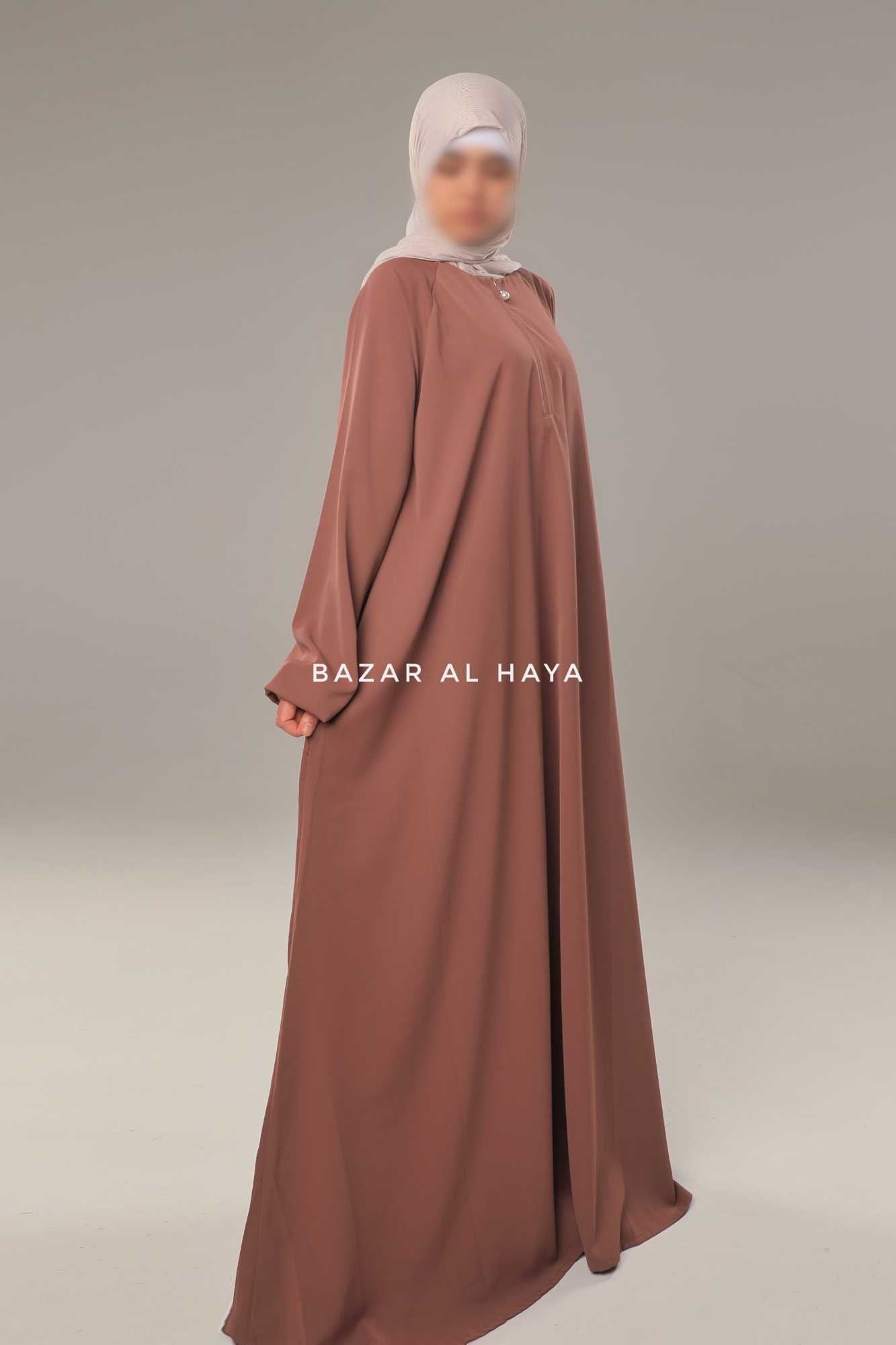 Taupe Rose Salam 2 Abaya - Comfy Style Front Zipper - Nida – Bazar Al Haya